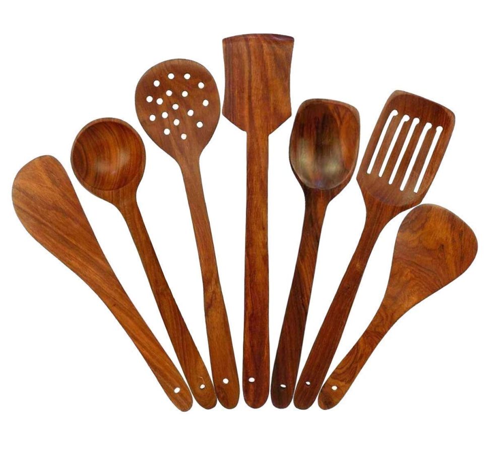 Natural Wooden Spoon Set For Cooking Includes Frying Serving Spatula ...